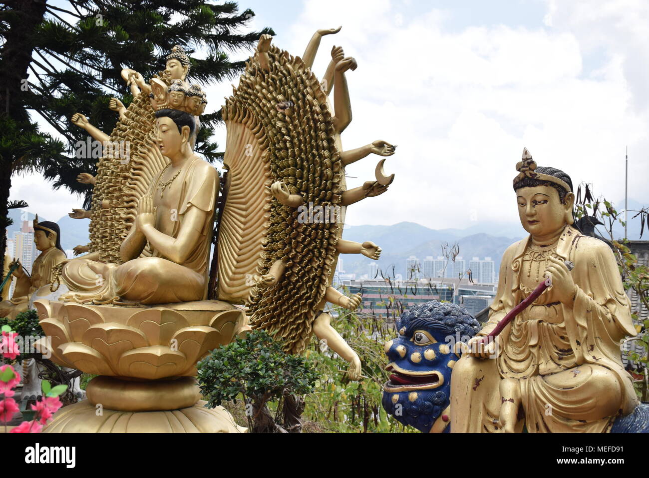Golden goddesses statues inside the Ten thousand Buddhas Monastery in ...