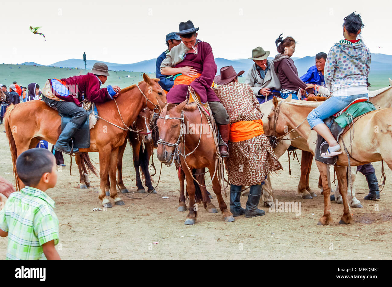 Khui Doloon Khudag, Mongolia - July 12, 2010: Horsemen in traditional ...