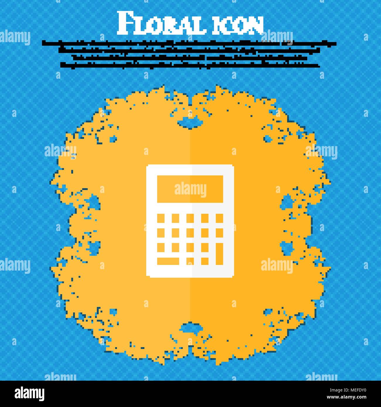 Calculator icon. Floral flat design on a blue abstract background with ...