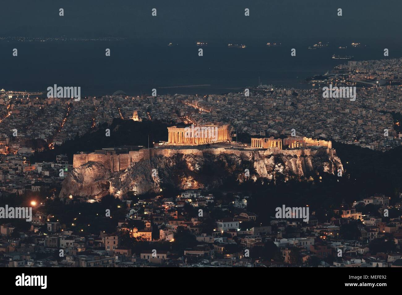 Athens skyline at night viewed from Mt Lykavitos with Acropolis, Greece ...