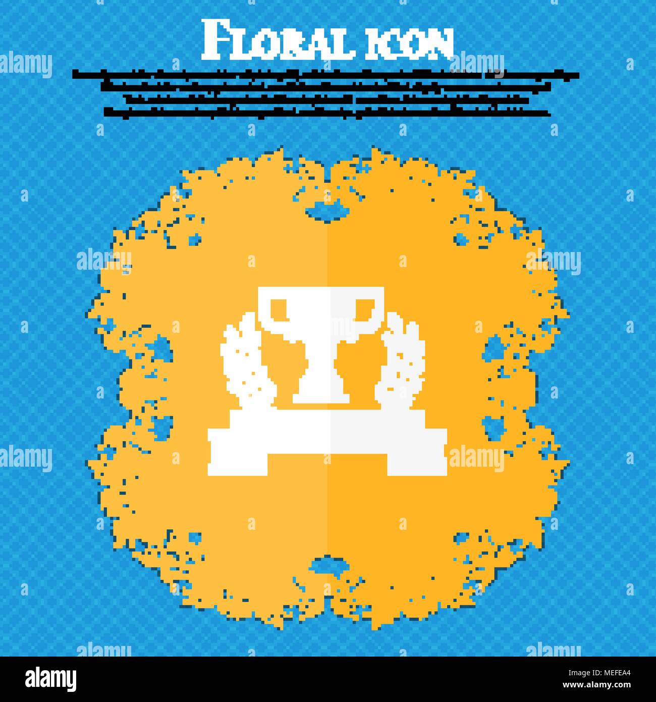 Trophy Cup icon. Floral flat design on a blue abstract background with ...