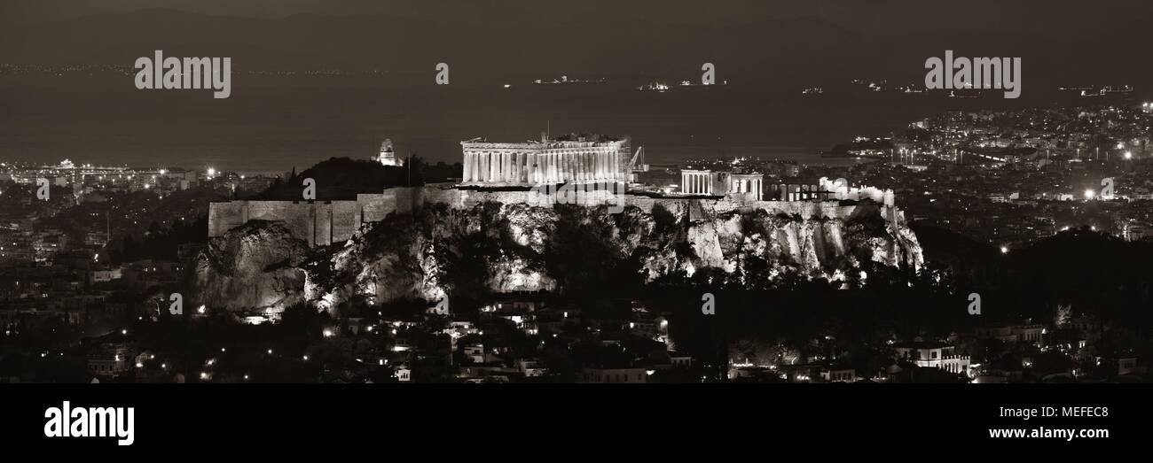 Acropolis historical ruins at night viewed from mountain, Greece Stock ...