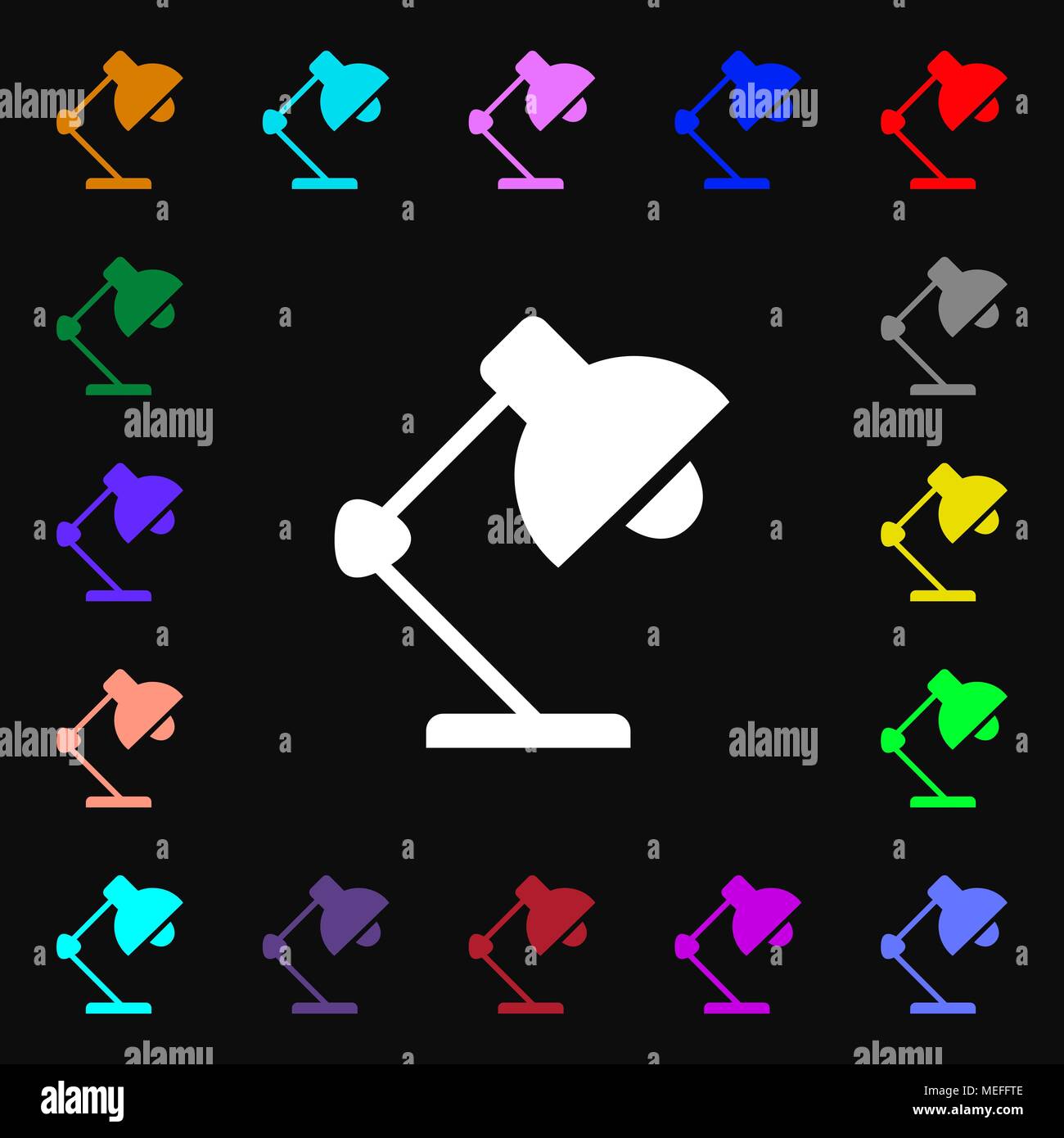 Reading-lamp and lighting, illumination icon sign. Lots of colorful ...