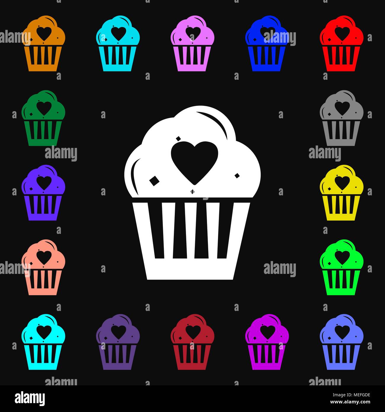 Cute Lovely Cupcake with Heart icon sign. Lots of colorful symbols for ...