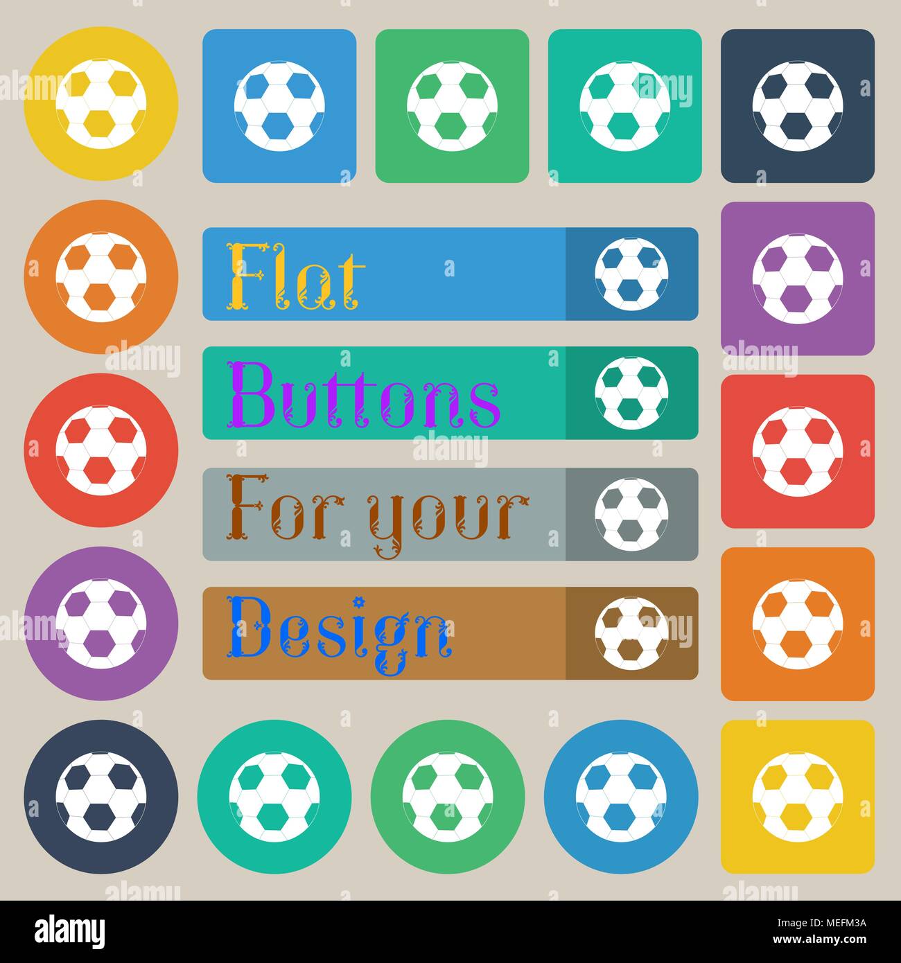 Football icon sign. Set of twenty colored flat, round, square and ...