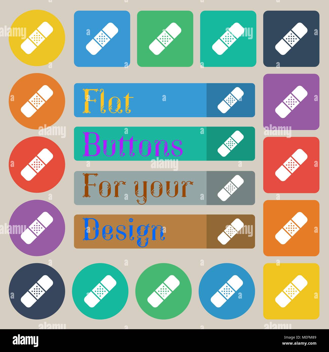 Plaster icon sign. Set of twenty colored flat, round, square and ...