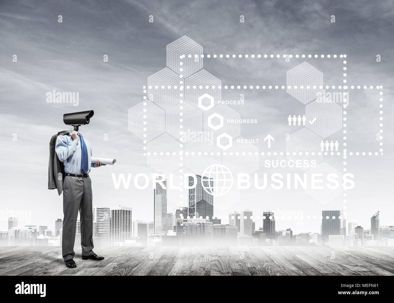 Camera headed man standing on wooden floor against modern citysc Stock ...