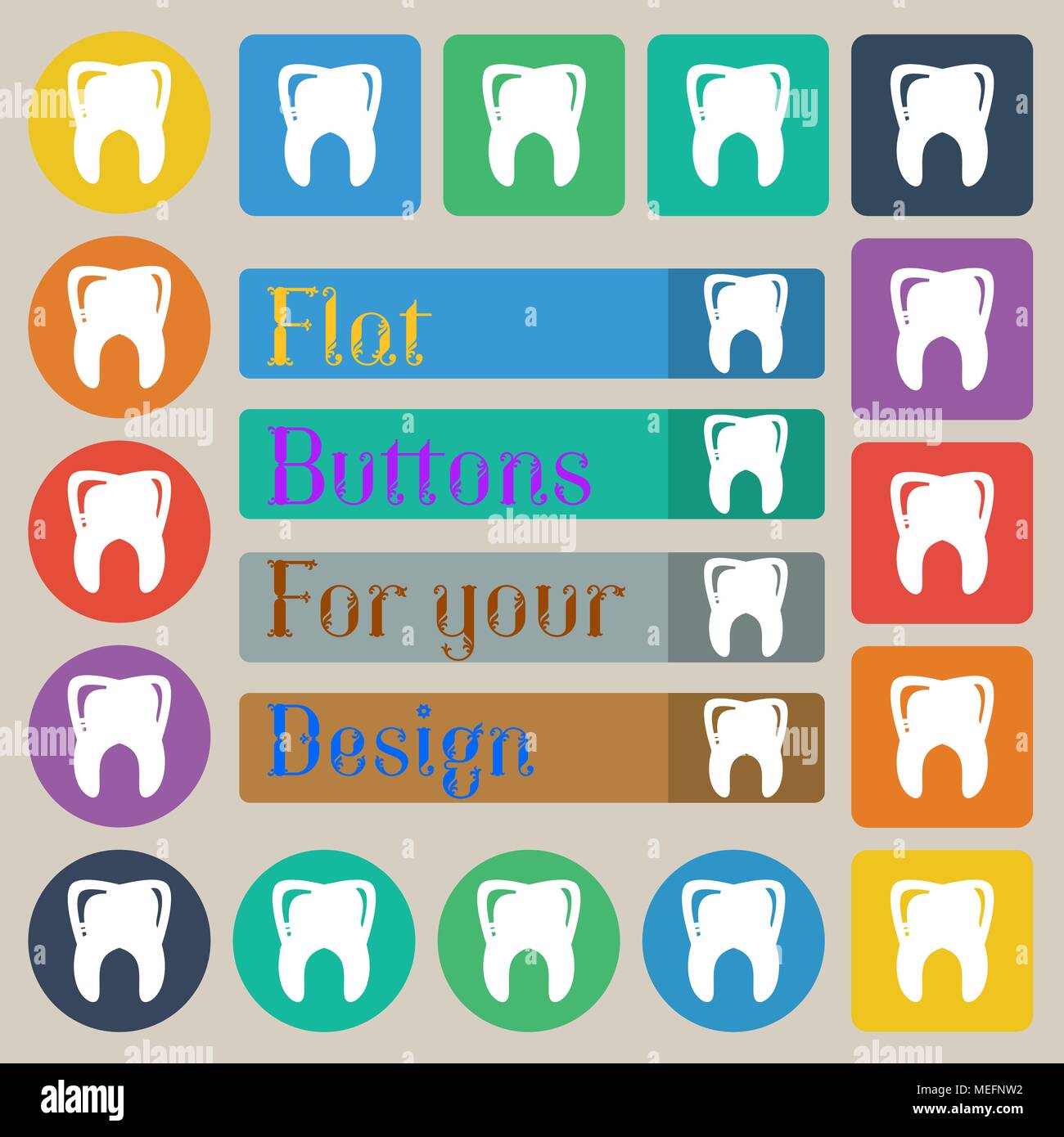 Tooth icon sign. Set of twenty colored flat, round, square and ...