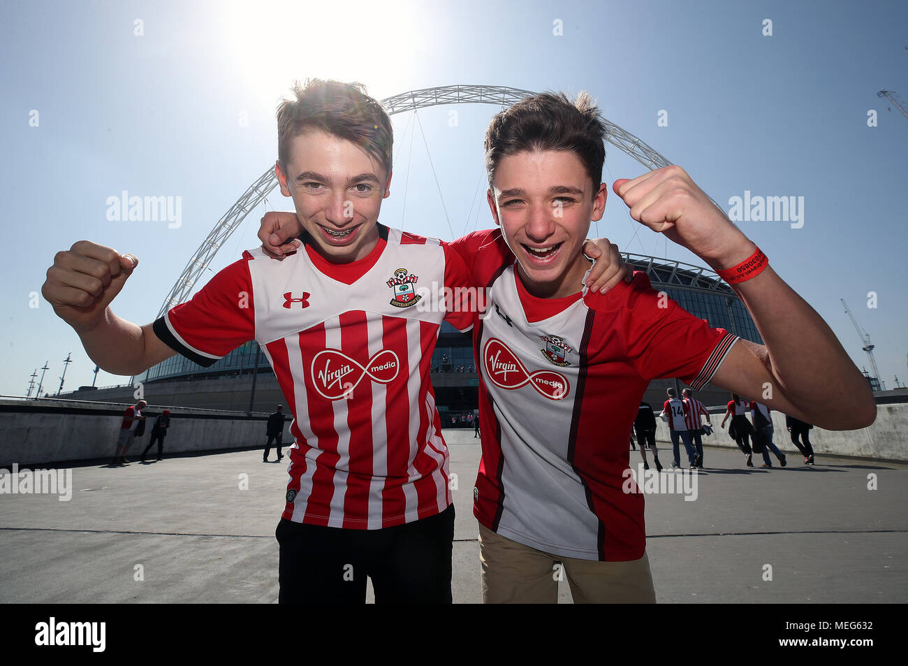 Young Southampton fans pose for a picture outside the stadium prior to ...