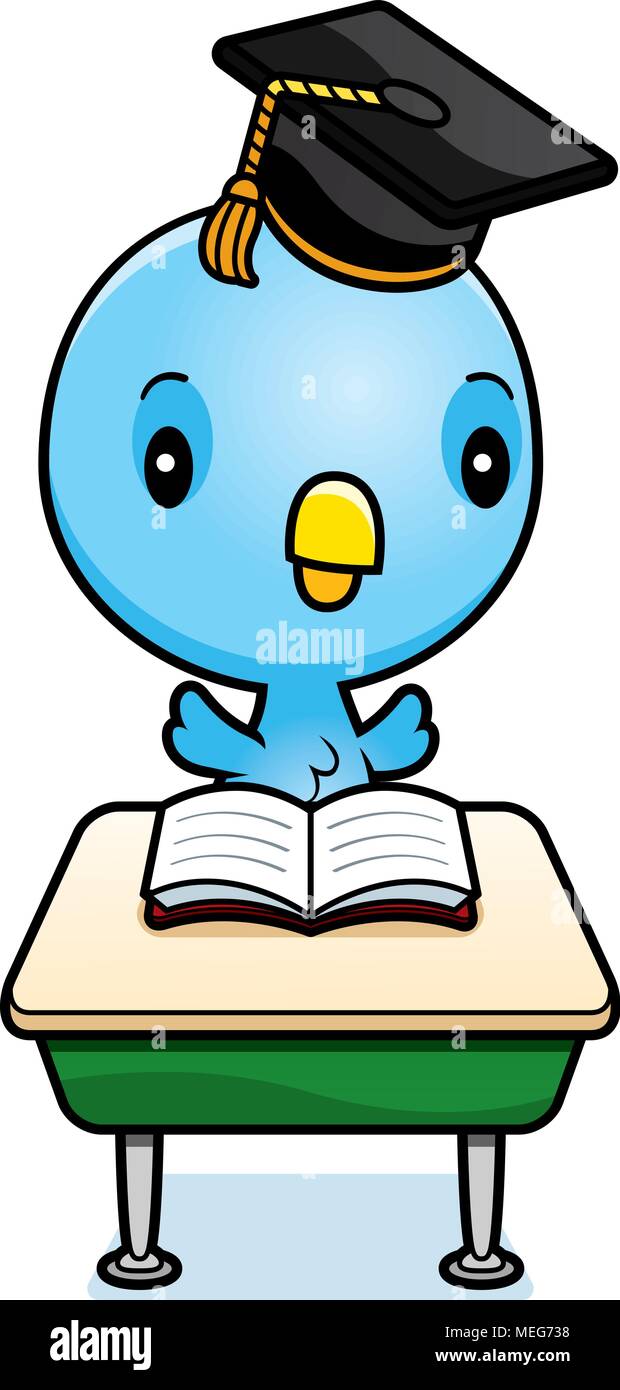 A cartoon illustration of a baby blue bird student sitting at a ...