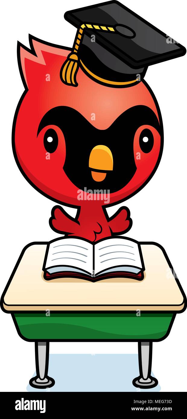 A cartoon illustration of a baby cardinal student sitting at a ...