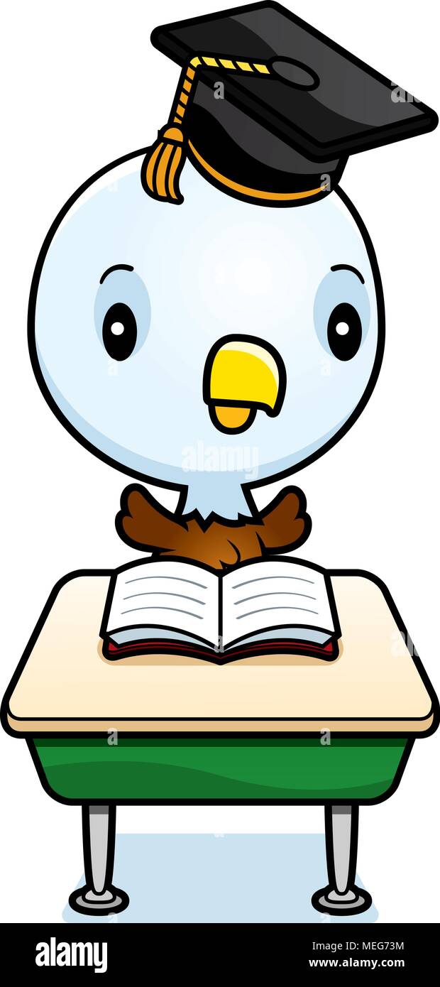 A cartoon illustration of a baby eagle student sitting at a classroom ...