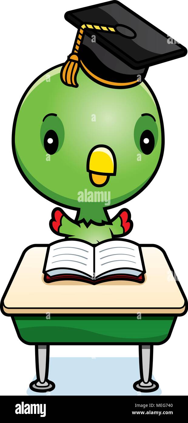 A cartoon illustration of a baby parrot student sitting at a classroom ...