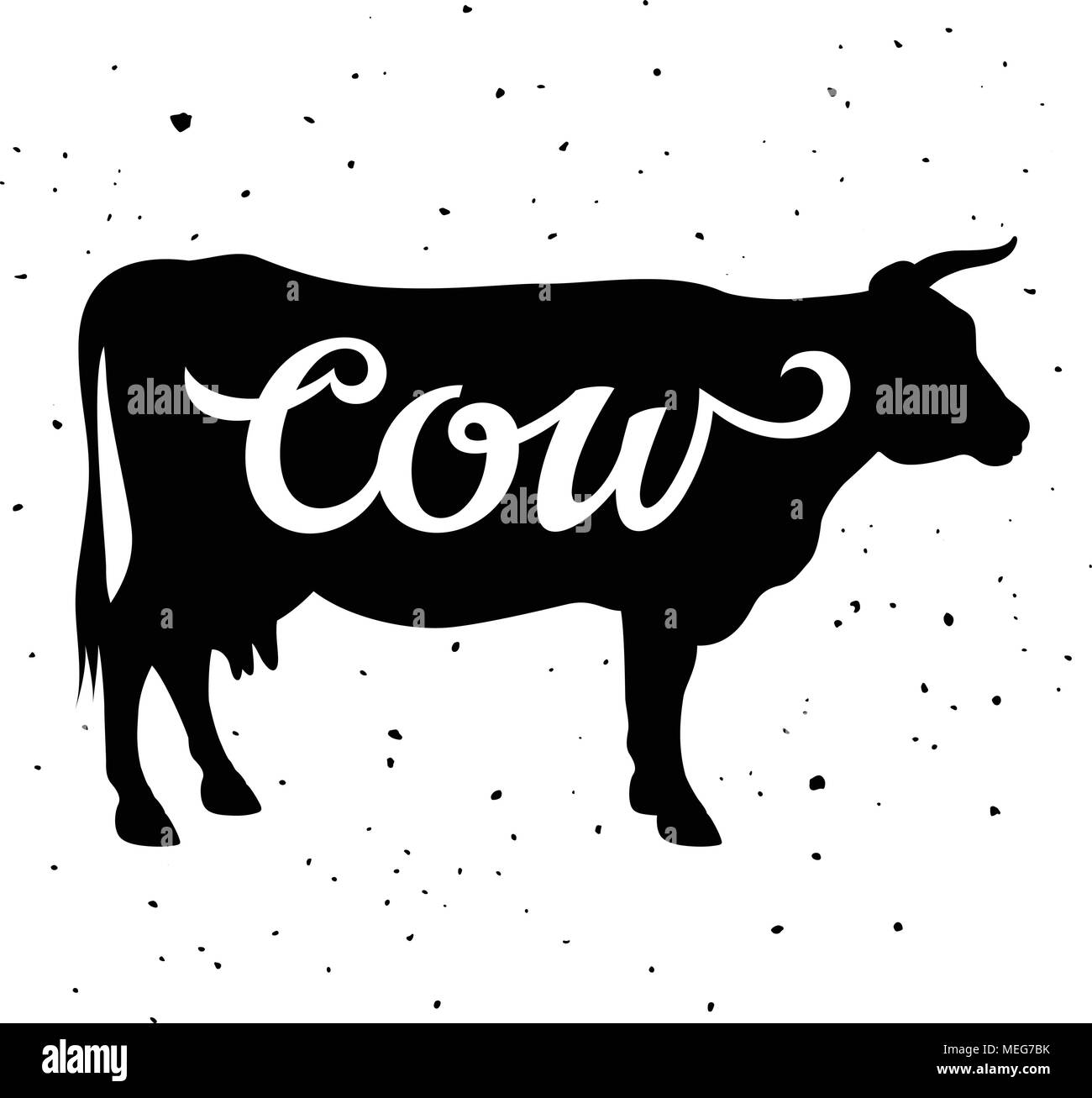 Cow silhouette with a calligraphic inscription "Cow" on a grunge ...
