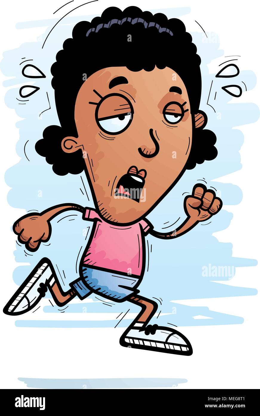 A cartoon illustration of a black woman running and looking exhausted ...