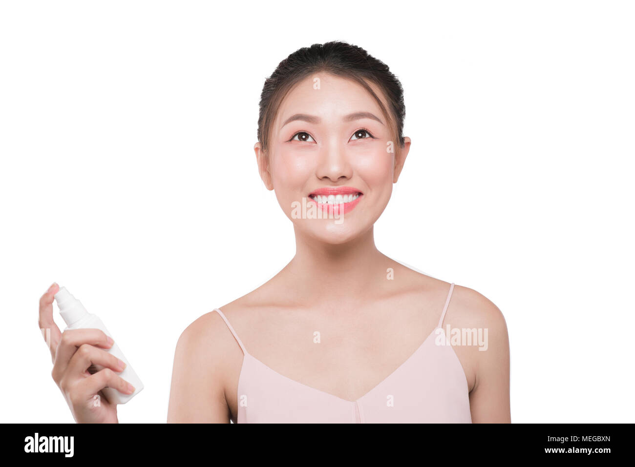 Beauty Concept Asian Pretty Woman With Perfect Skin Applying Spray