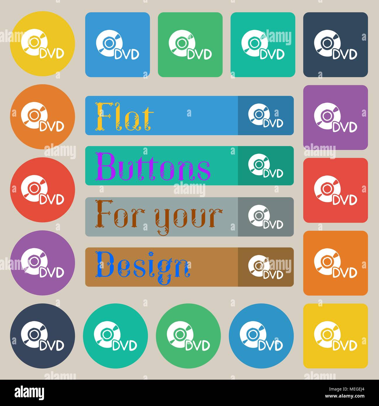 dvd icon sign. Set of twenty colored flat, round, square and ...