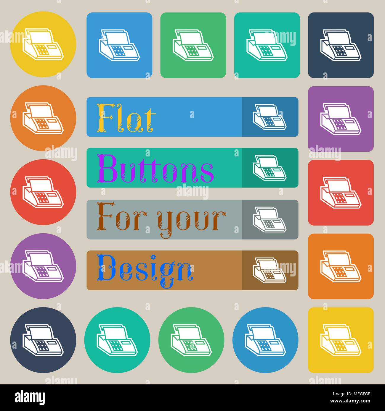 Cash register machine icon sign. Set of twenty colored flat, round ...