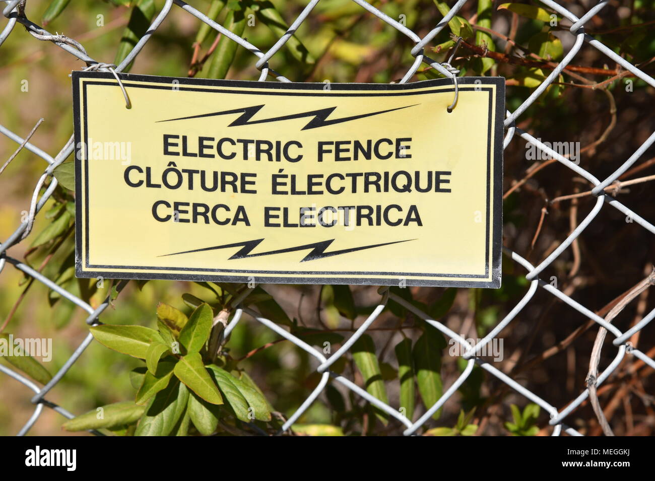 Electric fence sign in 3 languages Stock Photo - Alamy