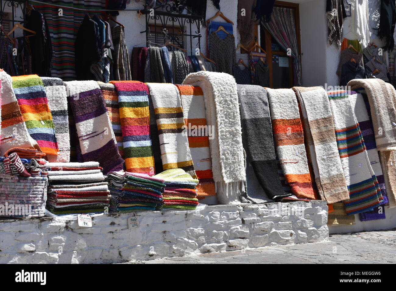 Colourful coarsley woven rugs for sale, Pampaneira, Las Alpujarras ...