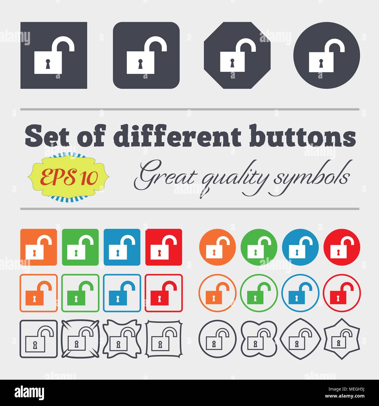 open lock icon sign. Big set of colorful, diverse, high-quality buttons ...