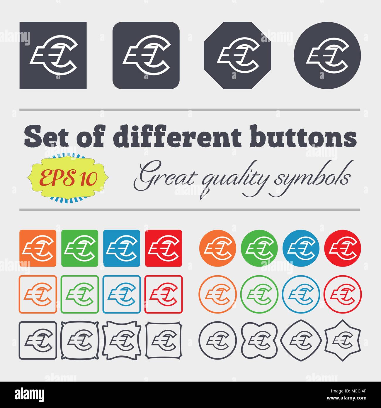 Euro EUR icon sign. Big set of colorful, diverse, high-quality buttons ...