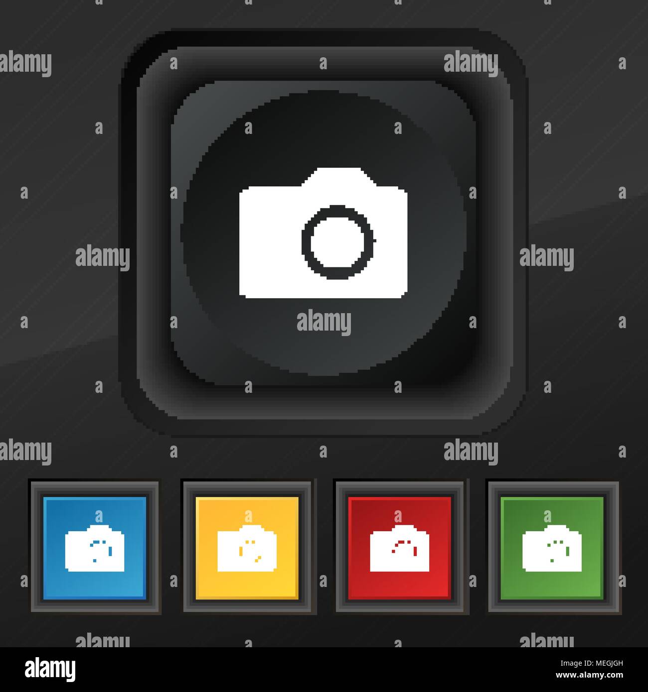 Digital photo camera icon symbol. Set of five colorful, stylish buttons ...