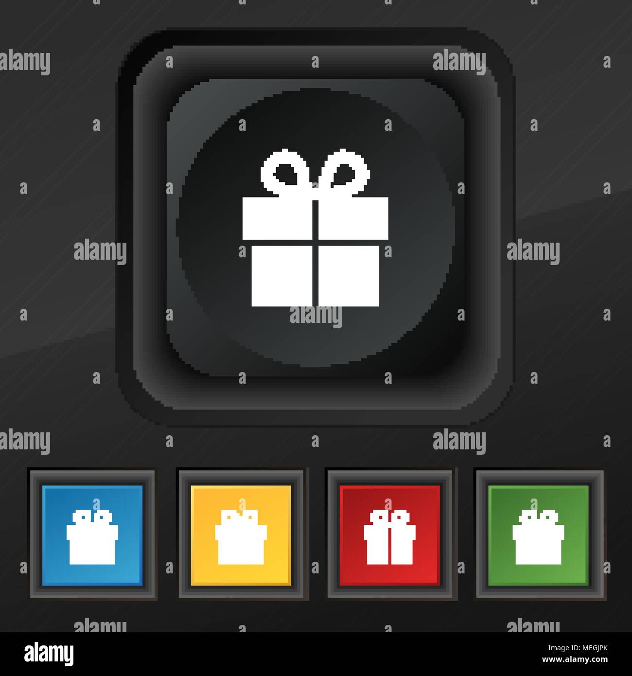 Gift box icon symbol. Set of five colorful, stylish buttons on black ...