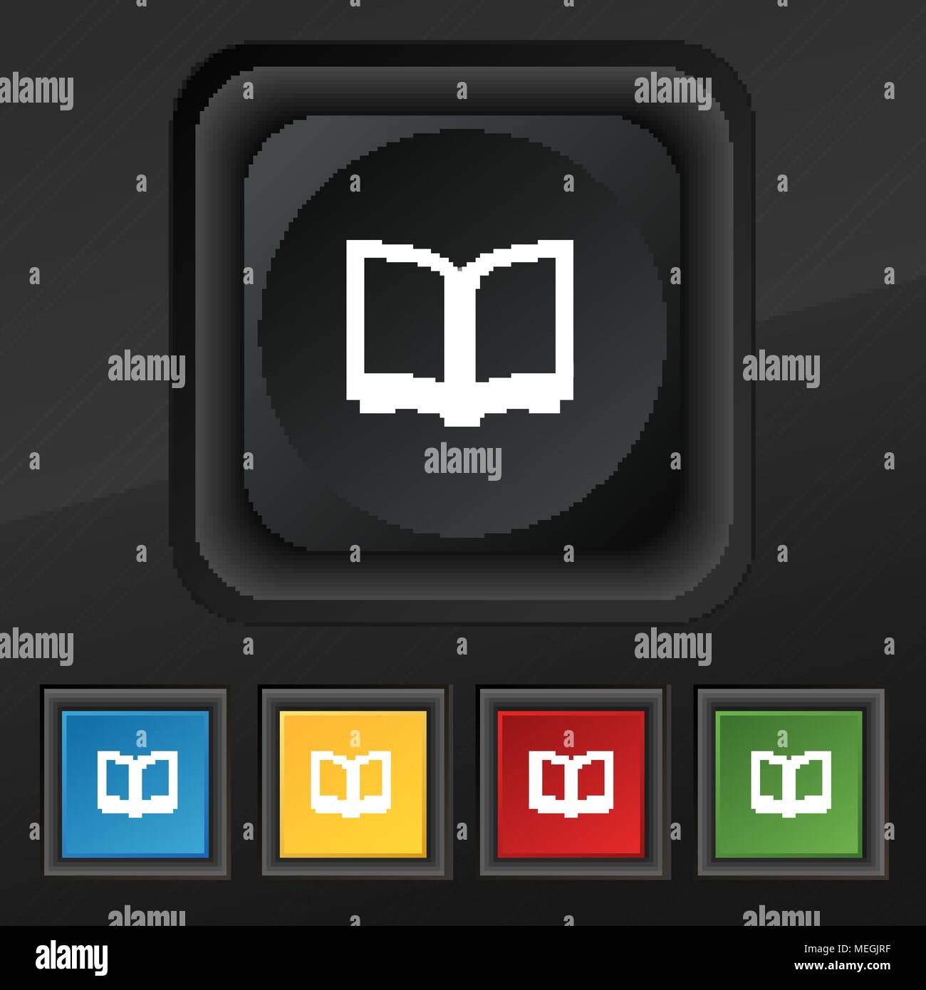 Open book icon symbol. Set of five colorful, stylish buttons on black ...