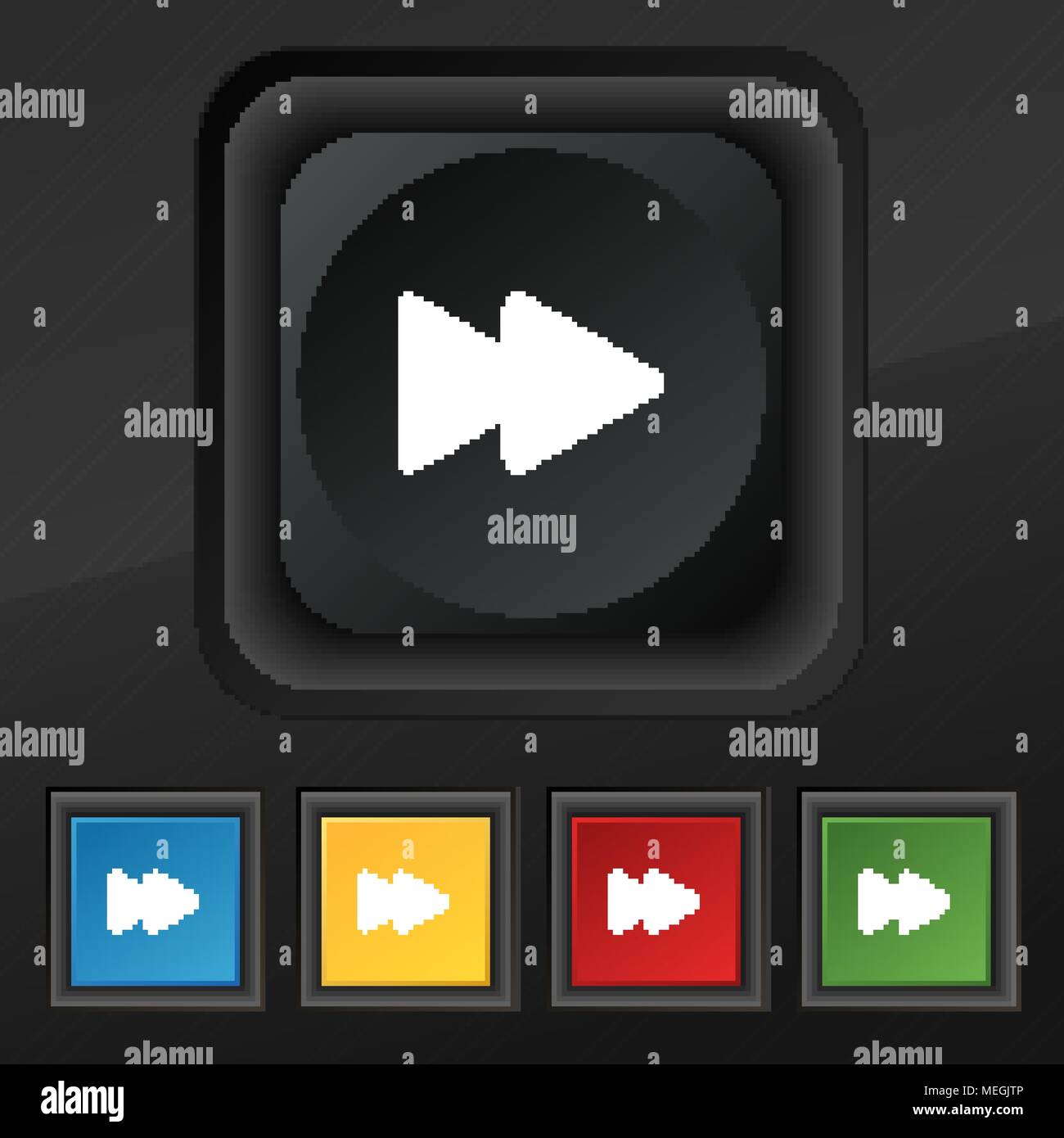 rewind icon symbol. Set of five colorful, stylish buttons on black ...