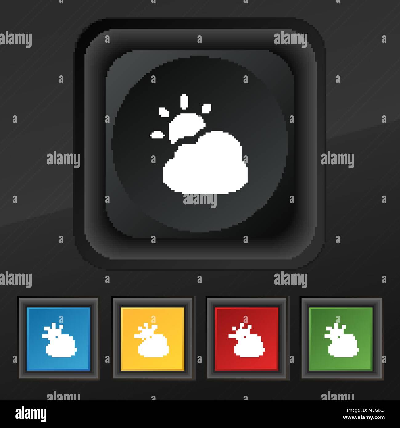 weather icon symbol. Set of five colorful, stylish buttons on black ...