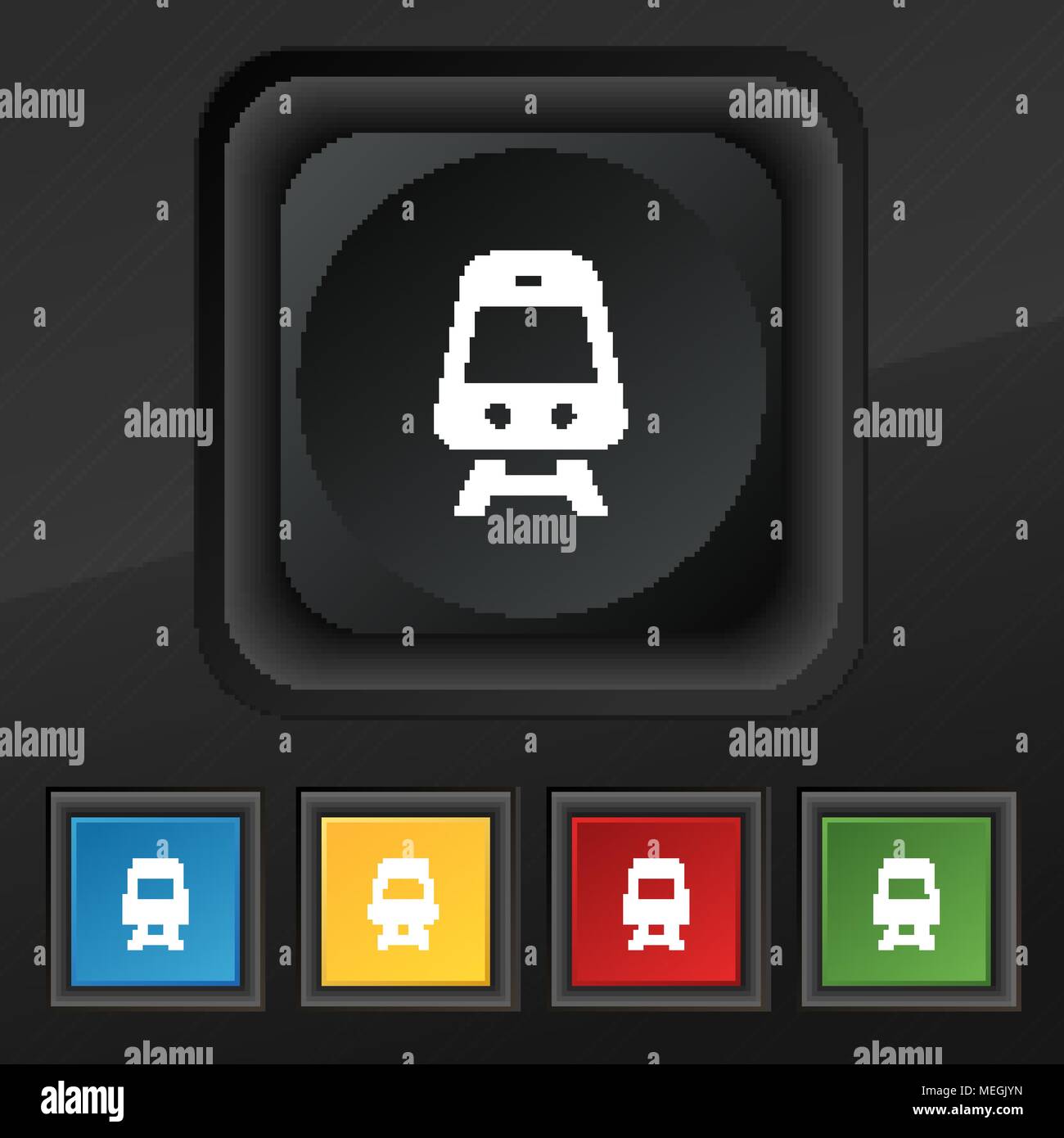 Train icon symbol. Set of five colorful, stylish buttons on black ...