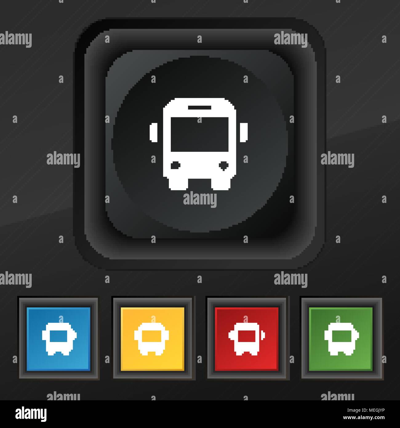 Bus icon symbol. Set of five colorful, stylish buttons on black texture ...