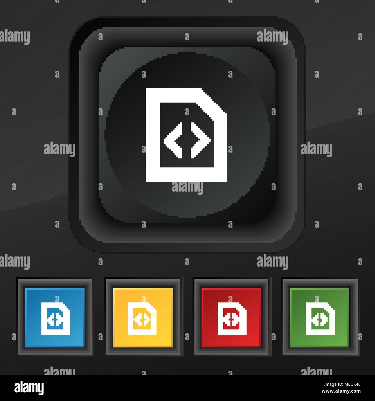 Script icon symbol. Set of five colorful, stylish buttons on black ...