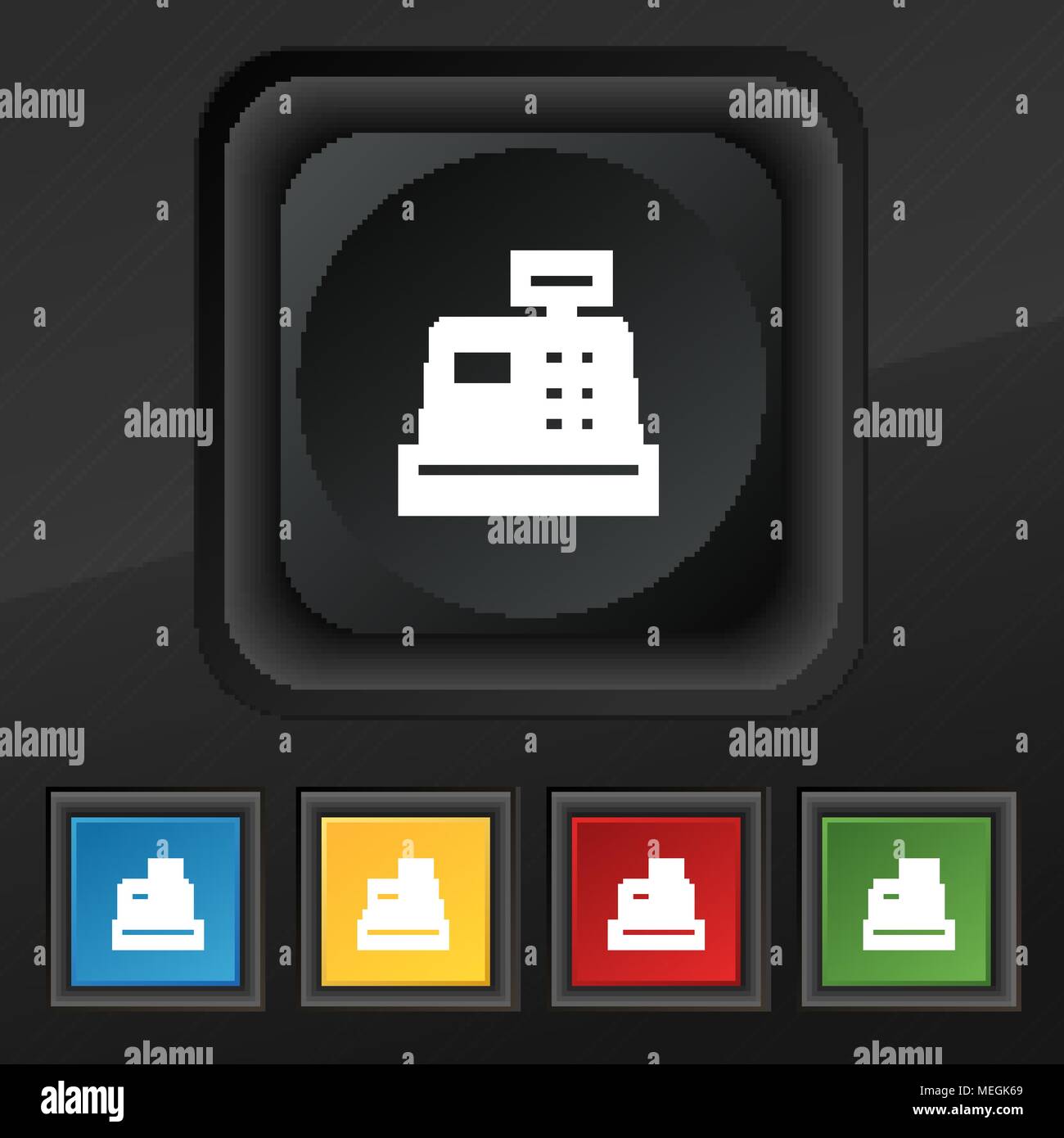 Cash register icon symbol. Set of five colorful, stylish buttons on ...