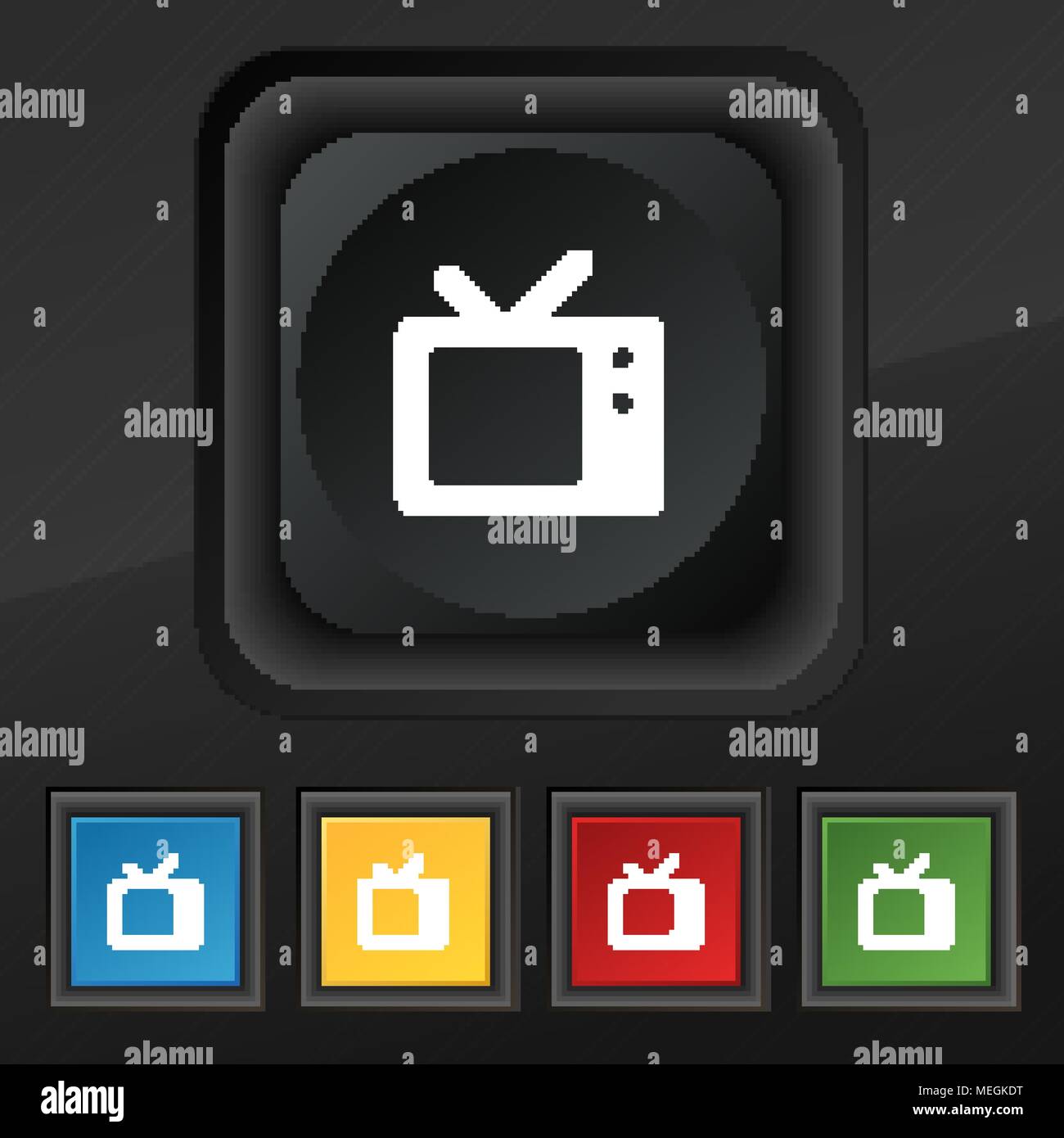 Retro TV icon symbol. Set of five colorful, stylish buttons on black texture for your design ...