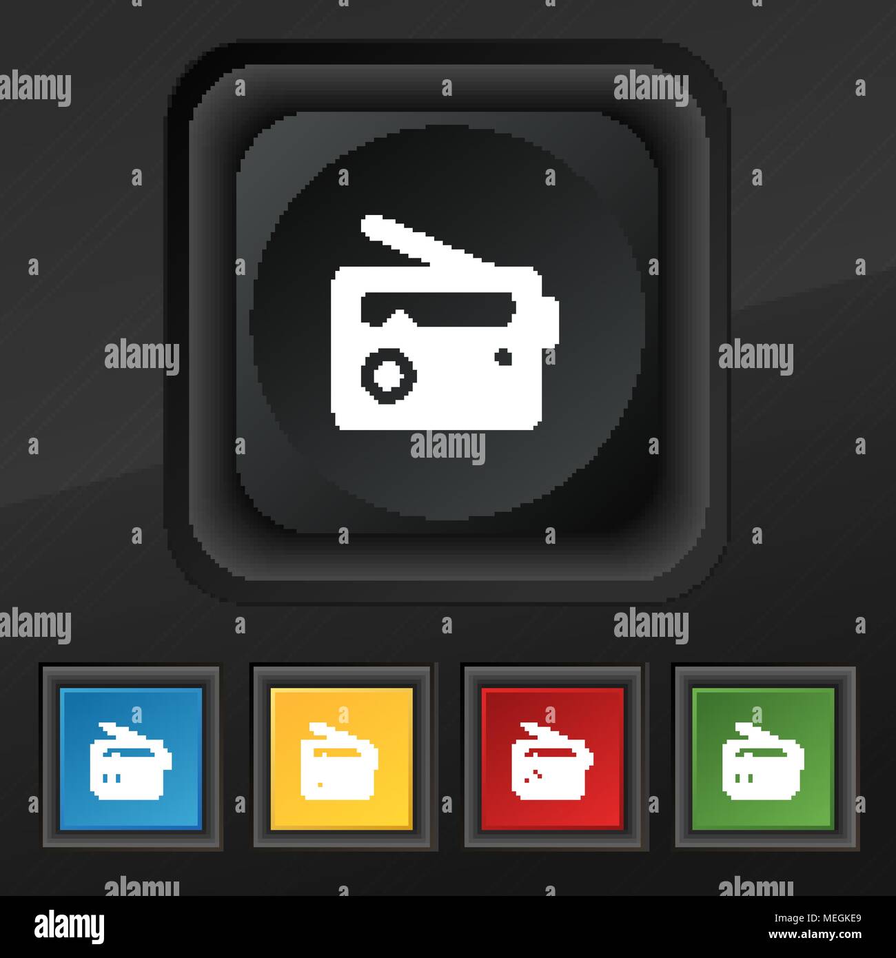 Retro Radio icon symbol. Set of five colorful, stylish buttons on black ...