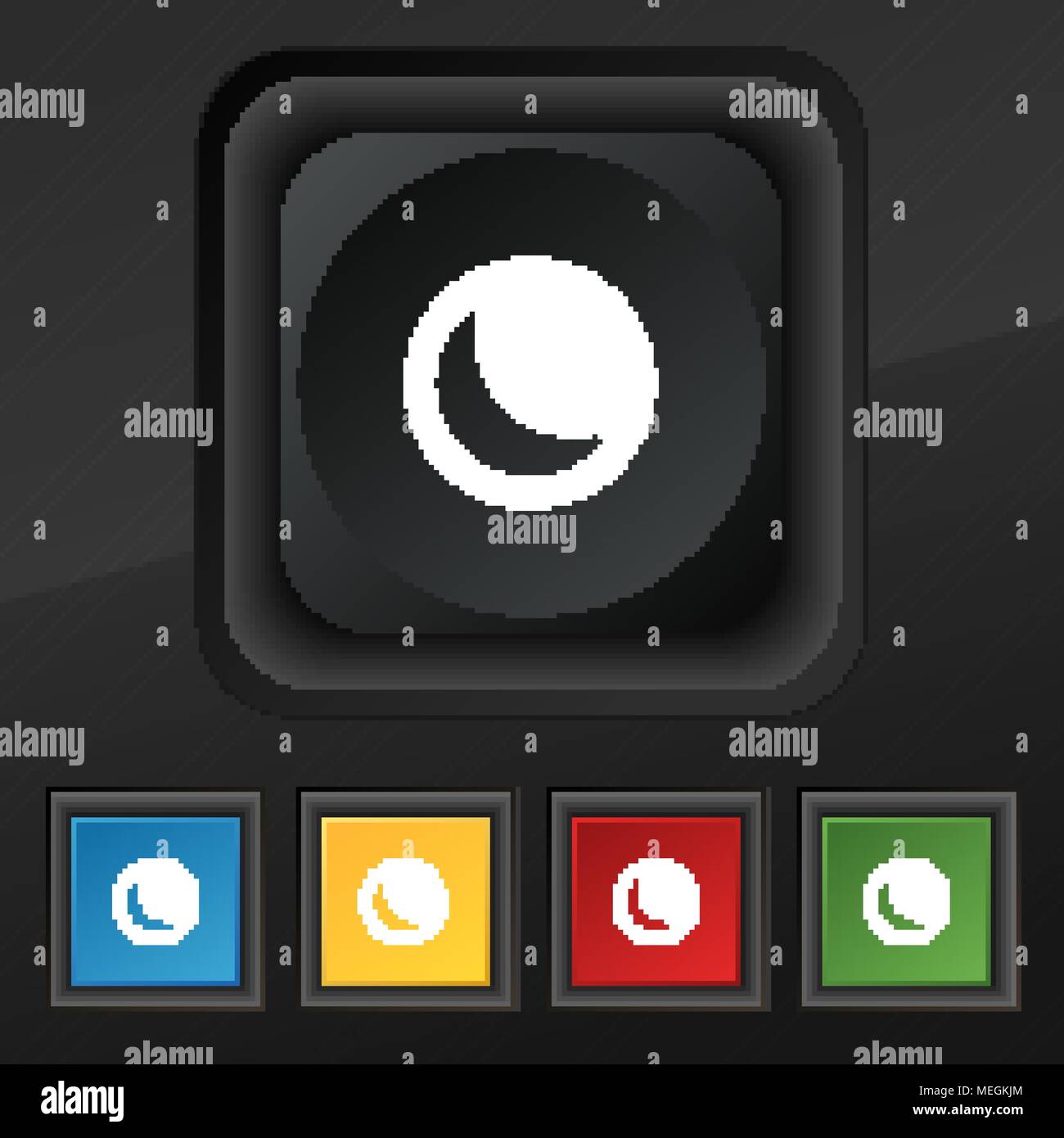 moon icon symbol. Set of five colorful, stylish buttons on black ...