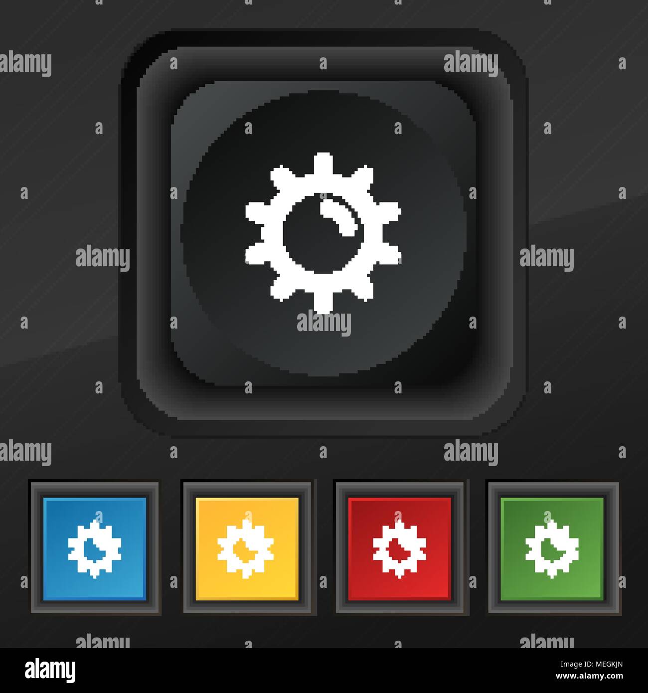 Sun icon symbol. Set of five colorful, stylish buttons on black texture ...
