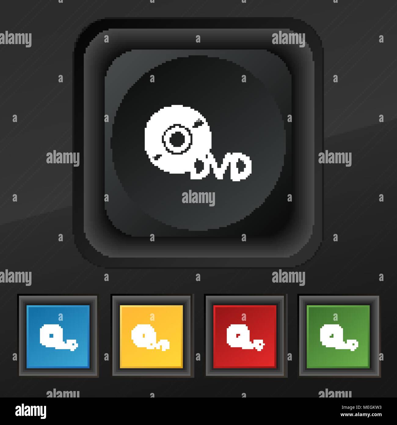 dvd icon symbol. Set of five colorful, stylish buttons on black texture ...