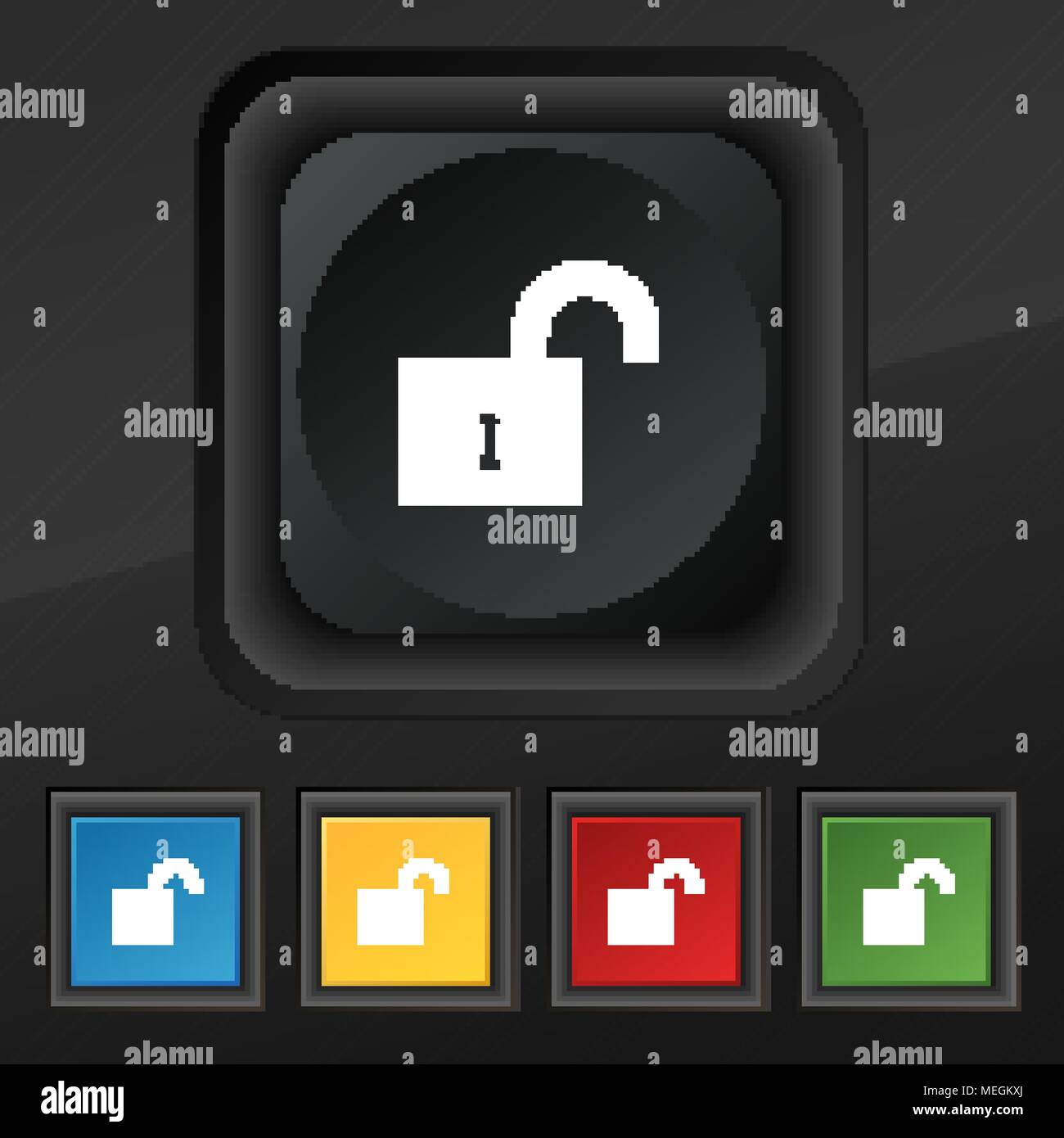 open lock icon symbol. Set of five colorful, stylish buttons on black ...