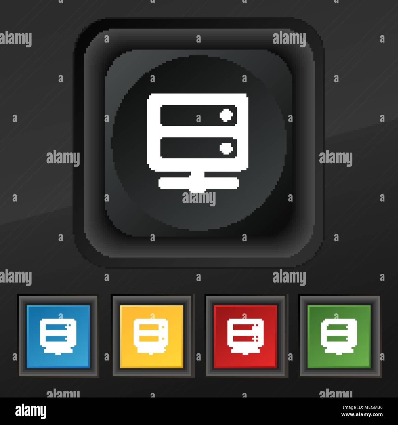 Server icon symbol. Set of five colorful, stylish buttons on black ...