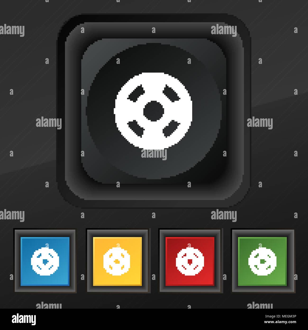 film icon symbol. Set of five colorful, stylish buttons on black ...