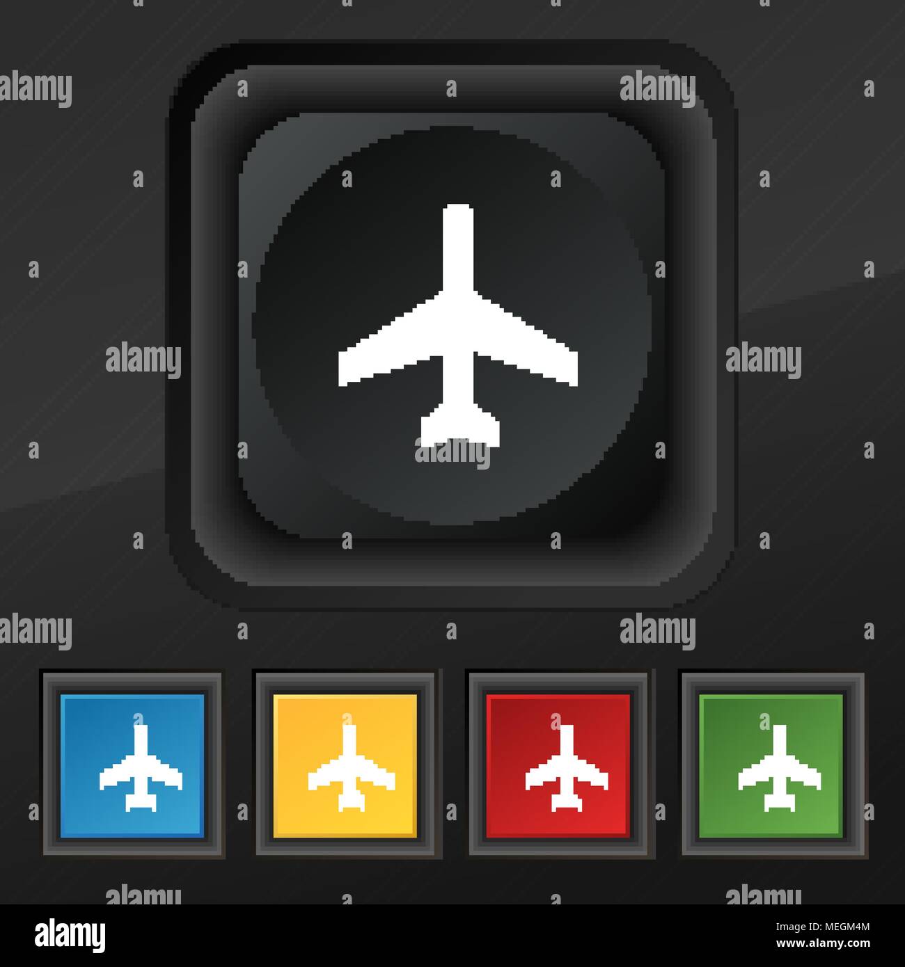 airplane icon symbol. Set of five colorful, stylish buttons on black ...