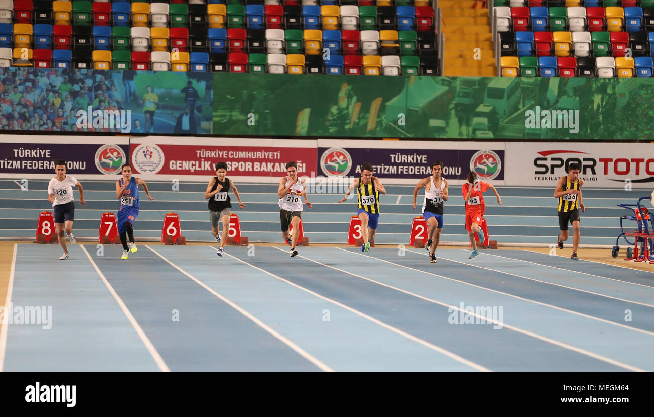 ISTANBUL, TURKEY - JANUARY 06, 2018: Athletes running 60 meters during ...