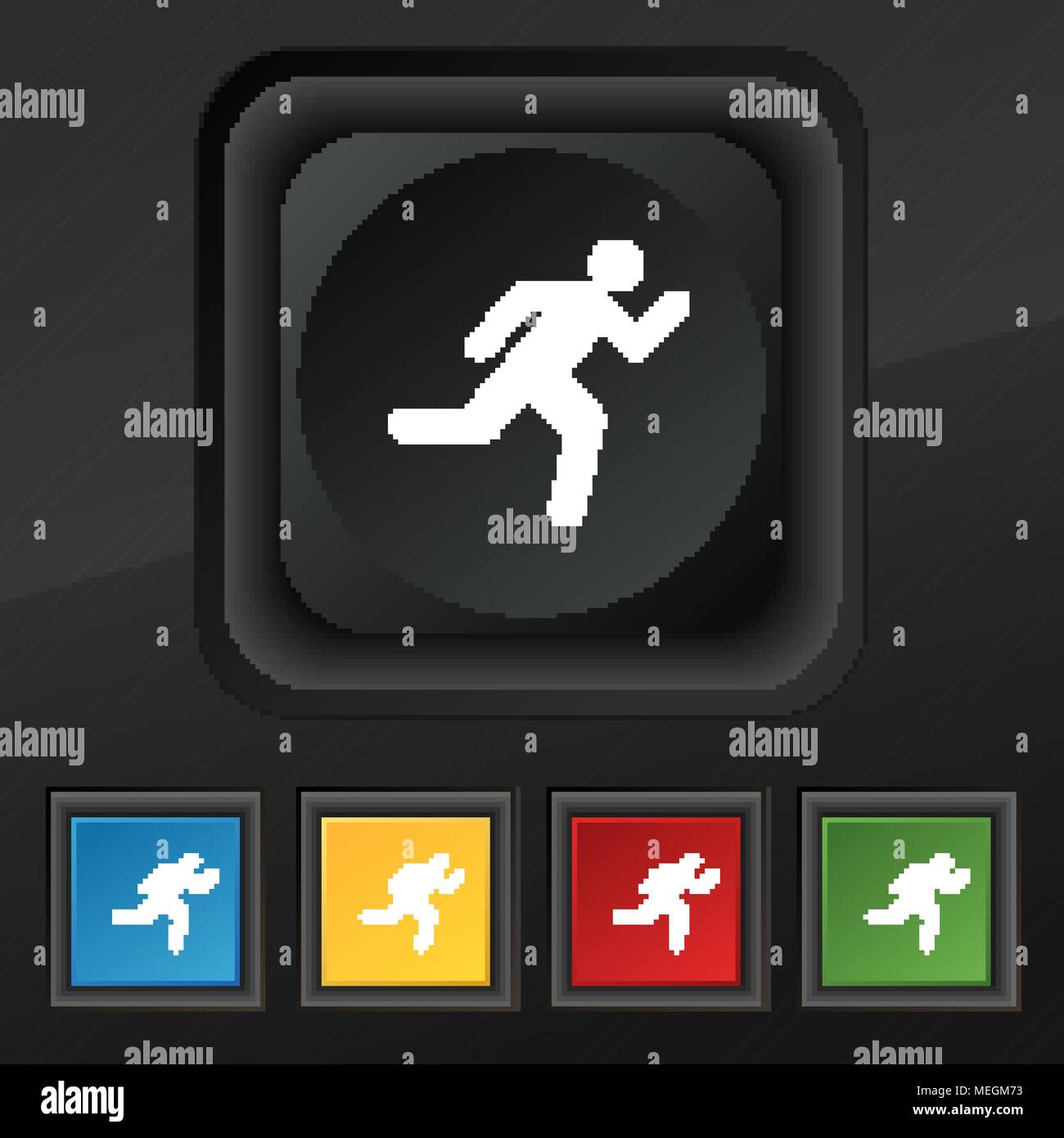 running man icon symbol. Set of five colorful, stylish buttons on black ...