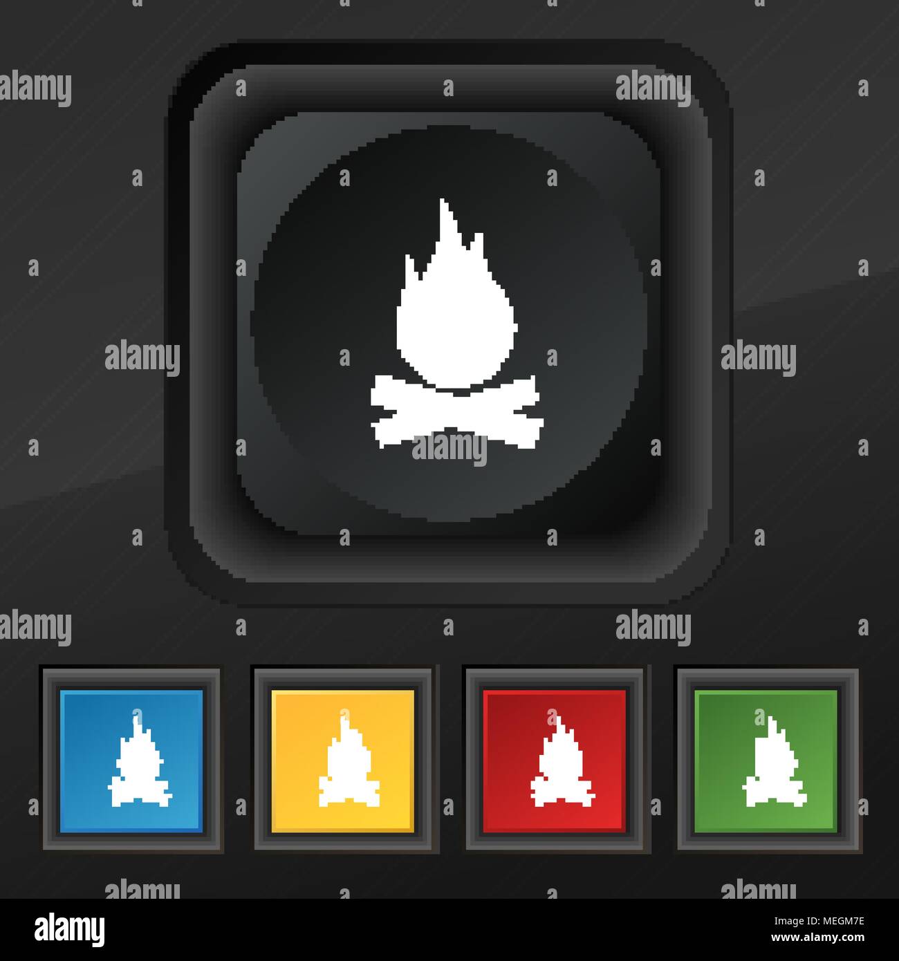 A fire icon symbol. Set of five colorful, stylish buttons on black ...