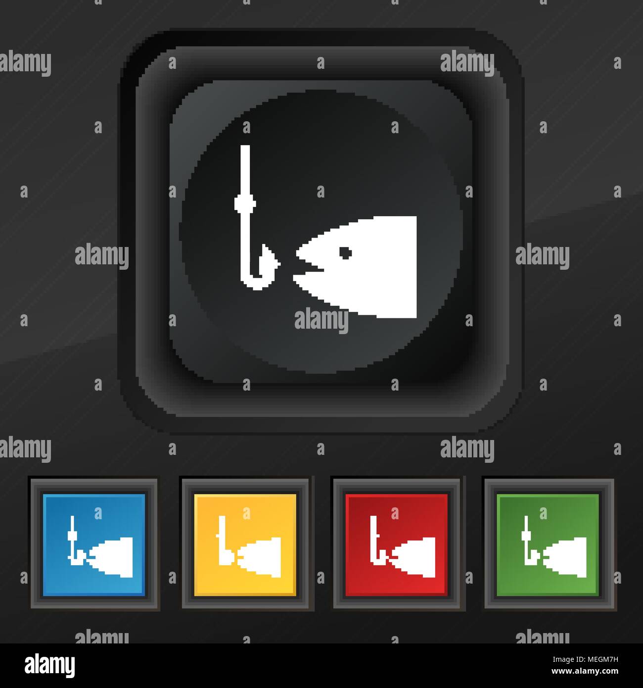Fishing icon symbol. Set of five colorful, stylish buttons on black ...