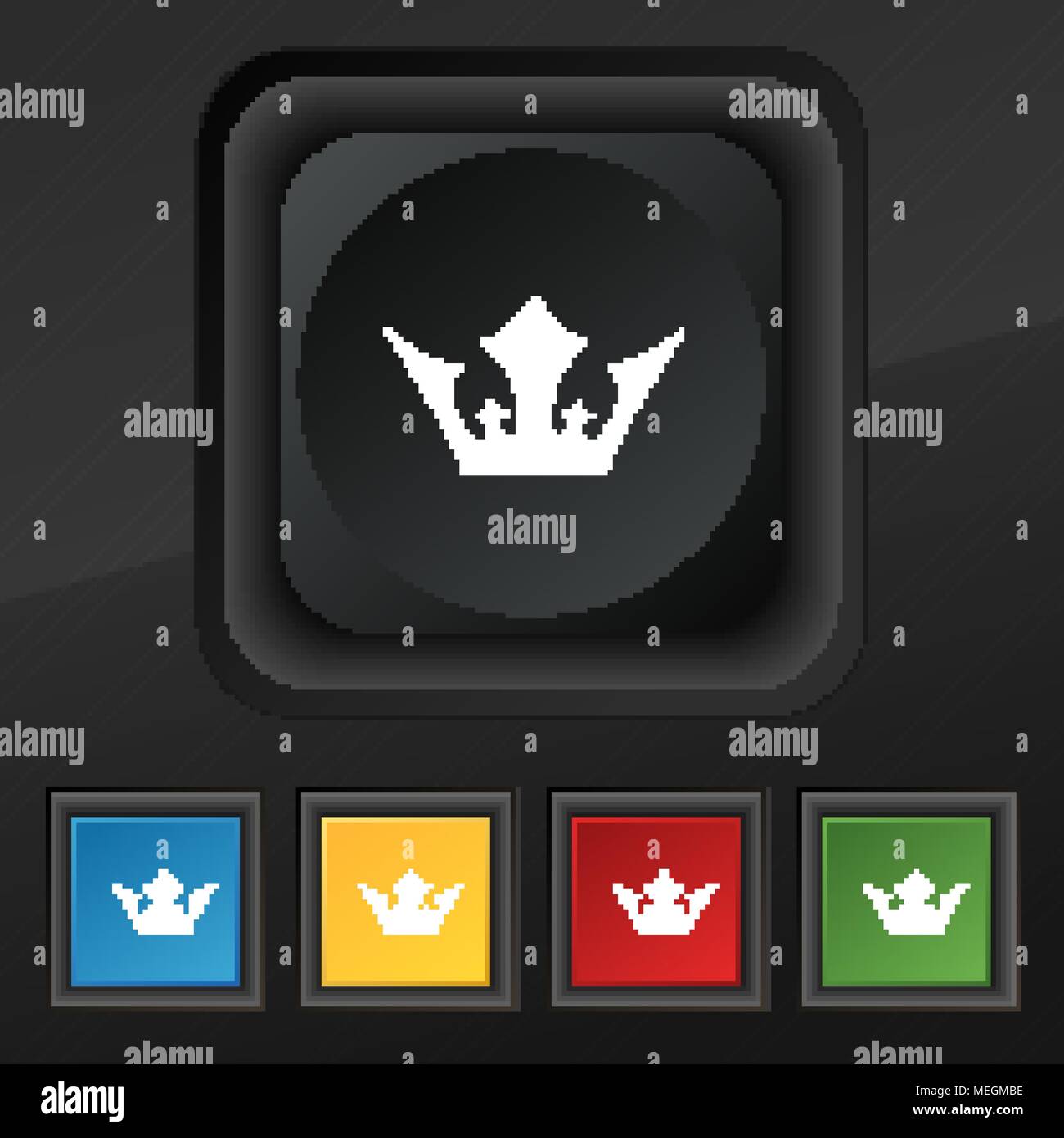 Crown icon symbol. Set of five colorful, stylish buttons on black ...