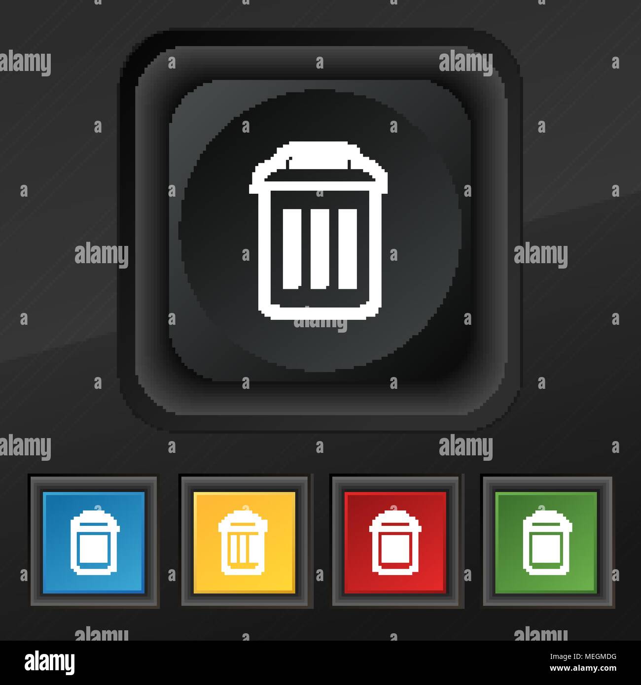 the trash icon symbol. Set of five colorful, stylish buttons on black ...